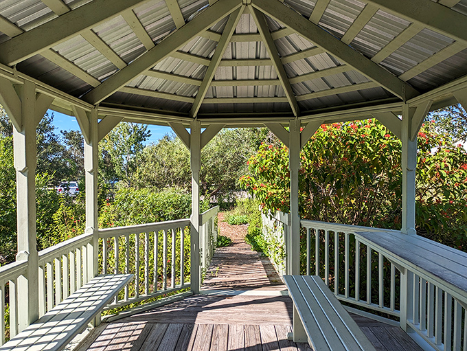 This charming gazebo provides a shaded rest stop along the trail, perfect for catching your breath while soaking in natural beauty.