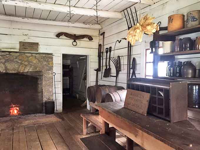 The general store stocked everything frontier families needed, from fabric to farm tools, serving as commercial and social hub.