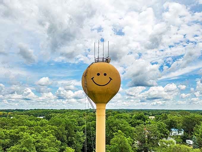 Framed by autumn foliage and an American flag, the smiley face water tower embodies small-town Americana at its finest.