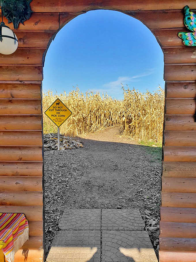 The corn maze entrance beckons adventurers with a warning sign that might as well say, "Prepare to question your navigational abilities."