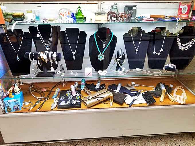 Jewelry cases sparkle with pieces that once adorned women heading to dances where the music was live and the romance was real, not swiped right.