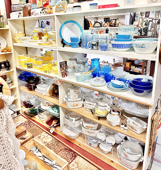 Vintage Pyrex and kitchenware arranged by color create an edible rainbow of nostalgia that would make grandma proud.