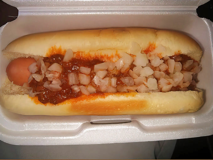 The kraut dog in all its glory – tangy sauerkraut meets savory hot dog in a soft bun, a German-American alliance that never disappoints.