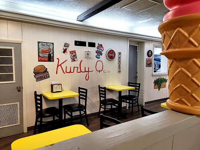 The playful wall design and vintage signage create an atmosphere that's pure nostalgia, reminding us when life's biggest worry was choosing a flavor.