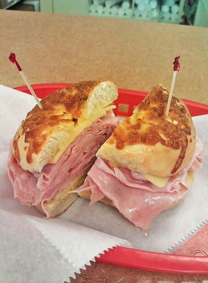 A ham and Swiss sandwich on a cheese bagel – because sometimes you need something savory before returning to your regularly scheduled sugar intake.