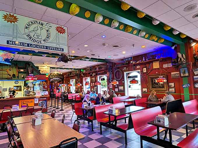 The dining area buzzes with conversation as visitors enjoy their meals beneath the watchful gaze of bridge memorabilia and vintage signs.