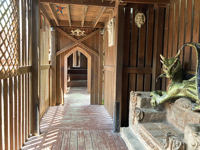 Sunlight streams through wooden slats, creating dramatic shadows in corridors where young adventurers embark on imaginary quests.