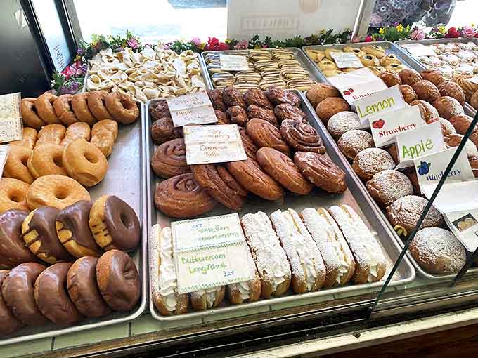 A donut democracy where chocolate-glazed citizens mingle with powdered aristocrats, all equally deserving of your attention.
