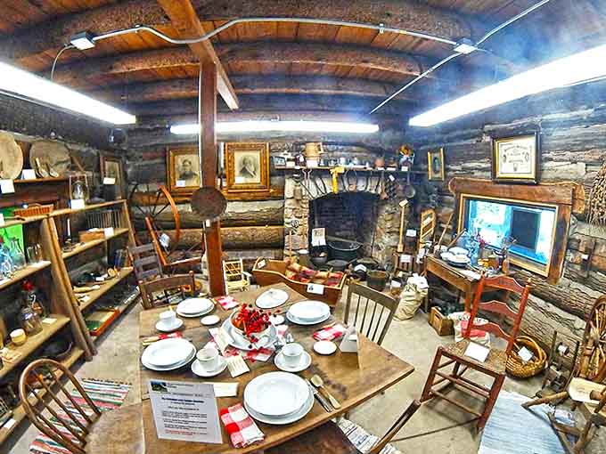 The dining table set for a meal looks so inviting you might forget there's no DoorDash in the 1800s.