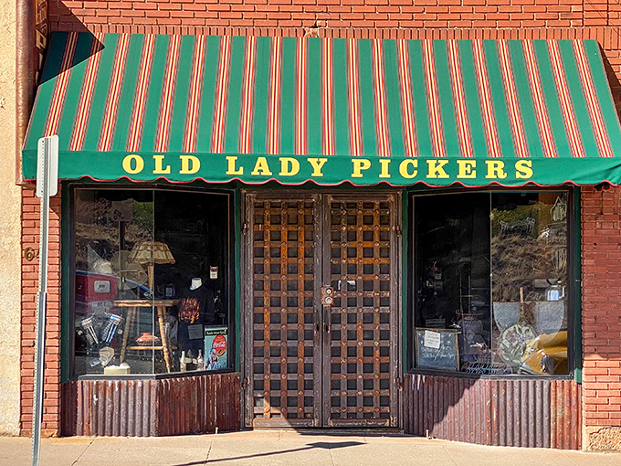 Old Lady Pickers offers a glimpse into vintage treasure hunting behind its distinctive green and red striped awning.