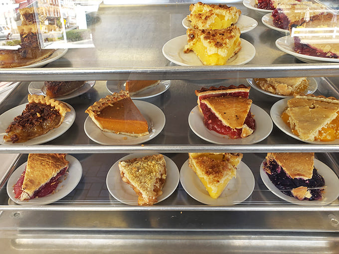 Wilson's pie case is essentially a rotating museum of American dessert classics, each slice a perfect finale to your sandwich adventure.