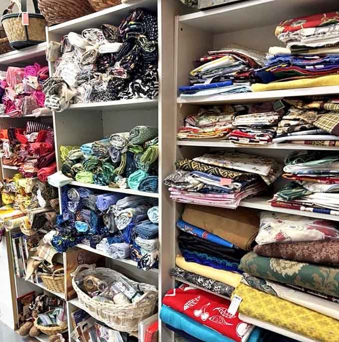 Fabric heaven for quilters and crafters – enough material to start your own historical reenactment society or finally finish that project you started in 2007.