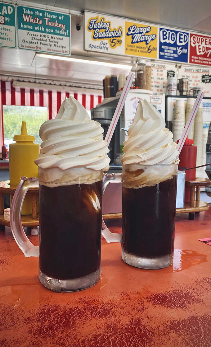 Richardson's Root Beer floats in frosted mugs &ndash; where ice cream slowly surrenders to root beer, creating a creamy, frothy masterpiece worth the brain freeze.