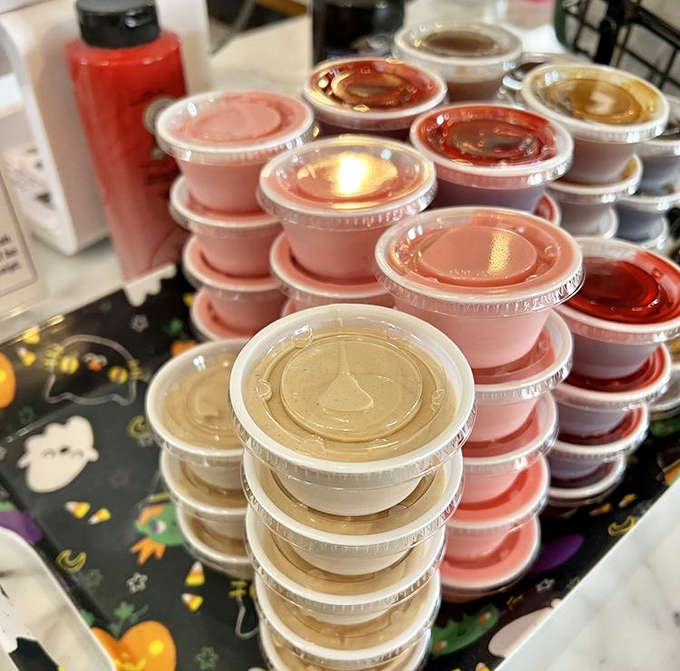 Dipping sauces lined up like sweet soldiers, ready to transform your beignet experience from merely delightful to absolutely transcendent.