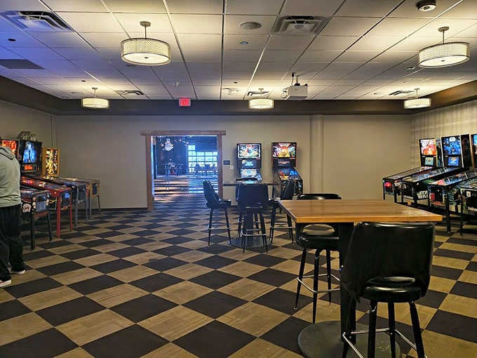 The pinball section features both vintage machines and modern versions, creating a soundtrack of satisfying clacks and musical dings.