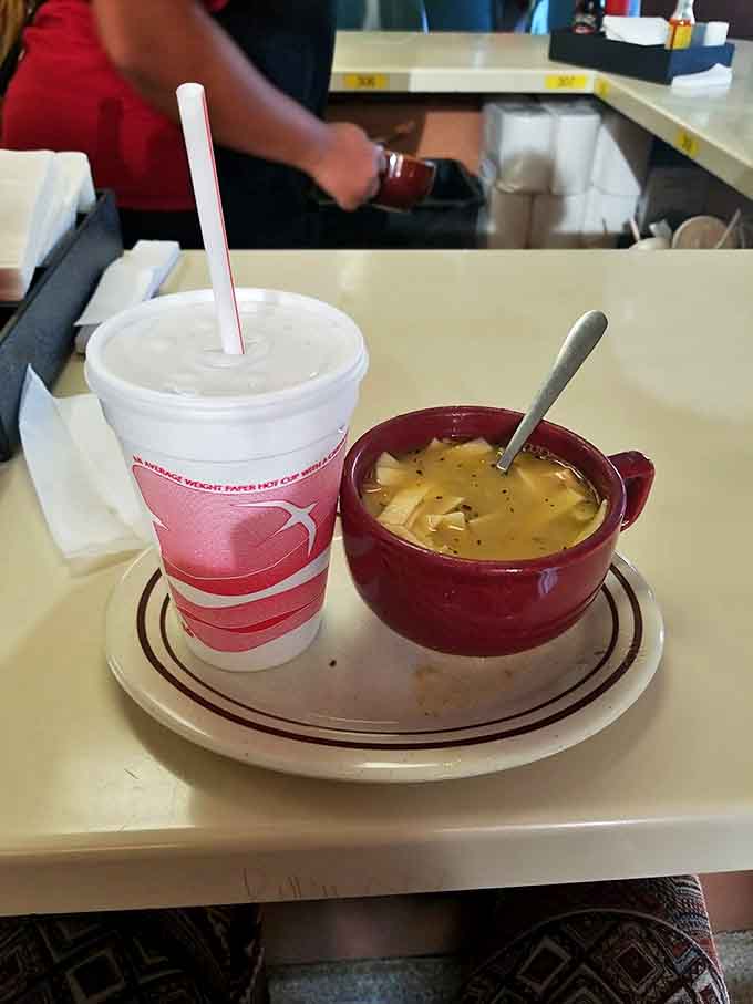 A red crock of homestyle soup alongside a frosty shake&mdash;the ultimate temperature contrast that somehow makes perfect sense.