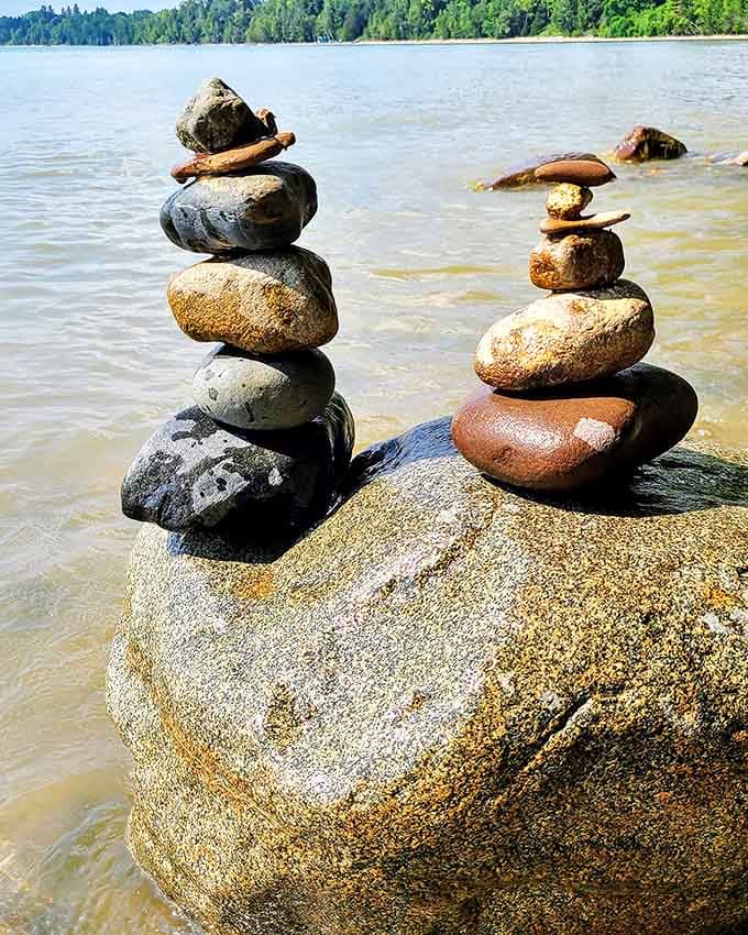 Beach art that requires no permit &ndash; stacked stones create temporary sculptures, marking moments of perfect balance at Delaware Park.