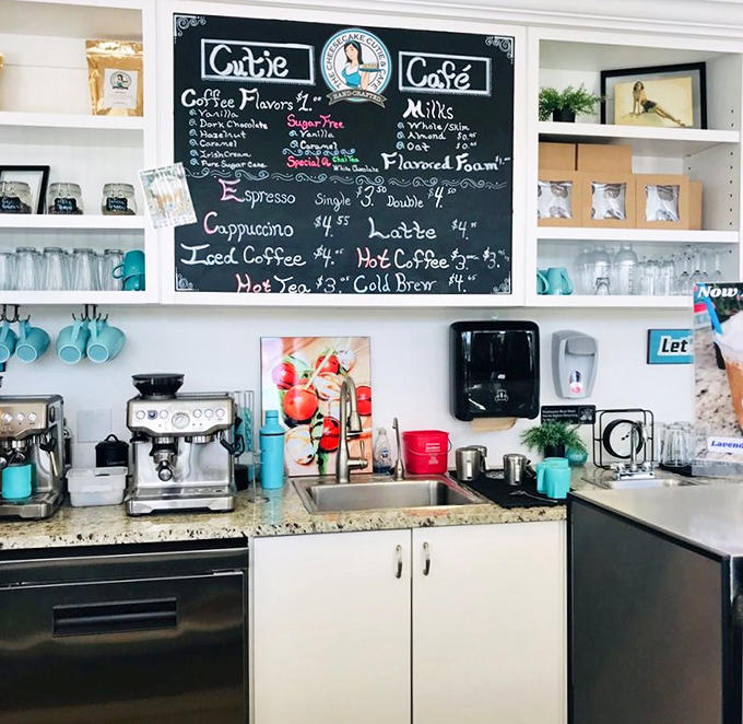Behind this counter, coffee magic happens daily &ndash; a chalkboard menu of possibilities and shelves lined with the tools of caffeinated happiness.