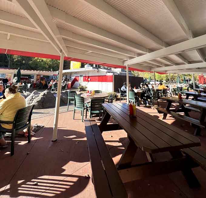 Covered outdoor seating provides the perfect spot to enjoy your meal while watching the parade of happy customers coming and going.