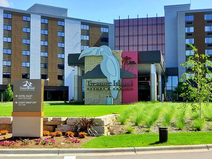 The resort's welcoming entrance stands ready to transport winter-weary Minnesotans to a world where parkas are strictly prohibited.