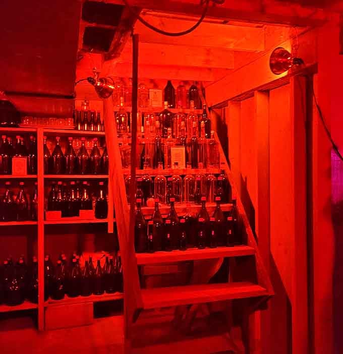 This red-lit bottle collection in the basement could be straight out of "The Shining"&mdash;all that's missing is Lloyd the bartender.
