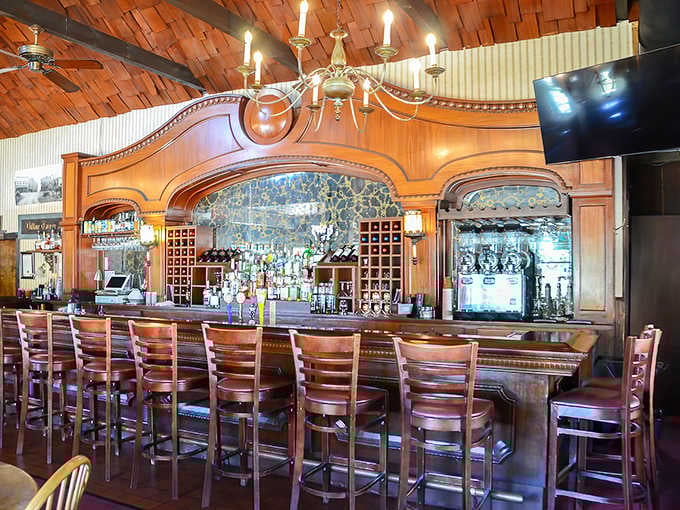 The magnificent back bar with its elegant arches and polished wood looks like it belongs in a museum rather than a small-town tavern.