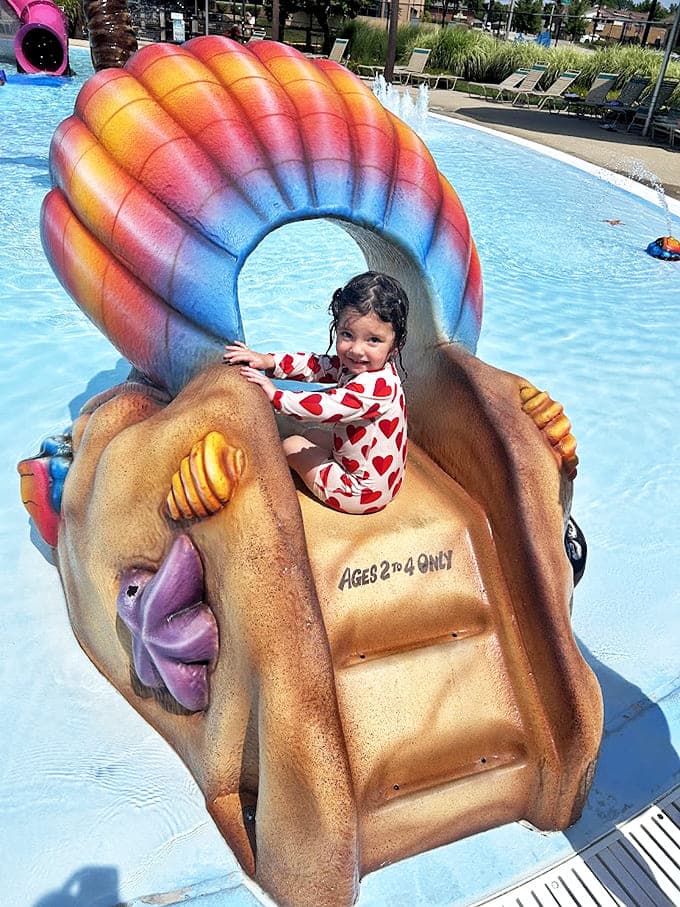 This colorful shell slide cradles the park's smallest adventurers, proving paradise comes in all sizes at Itasca Waterpark.