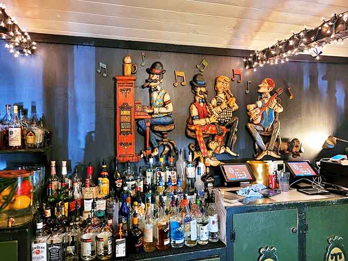 The bar's whimsical musical figurines watch over an impressive selection of spirits, ready to be transformed into classic or creative libations.