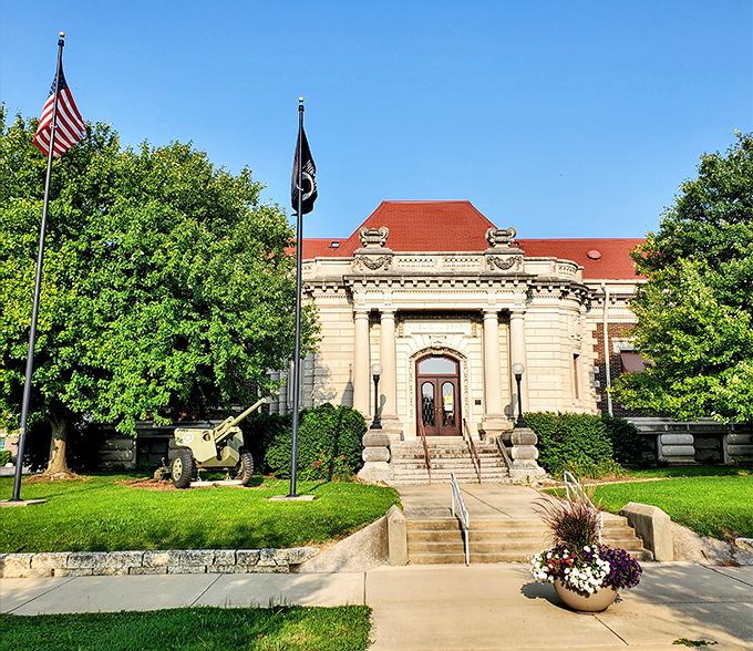 The Vermilion County War Museum stands proudly with its classical architecture, honoring veterans' sacrifices while educating visitors about our shared history.