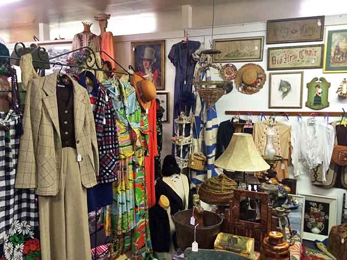 Vintage clothing racks showcasing fashion from eras when people actually dressed up to go grocery shopping.