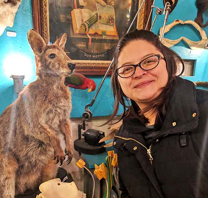 The joy of discovery is written across this shopper's face as she poses with a perfectly preserved kangaroo &ndash; making friends in unexpected places.