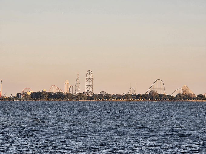 From the lighthouse viewpoint, you can spot Cedar Point's roller coasters across the bay – two very different Ohio landmarks sharing the same stunning horizon.