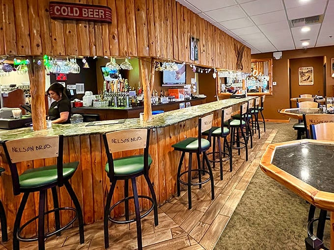 The bar area combines rustic charm with practical comfort, where locals swap fishing tales over cold beers and hot coffee.