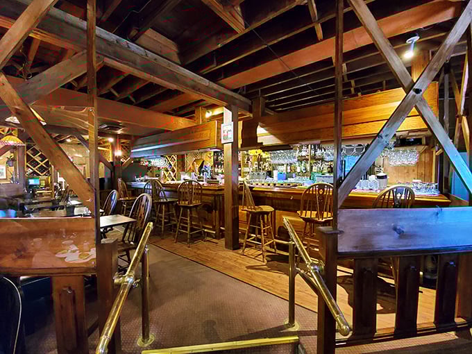 Wooden beams frame the welcoming bar, where nobody's a stranger for long and the bartenders pour drinks with the confidence of old friends.