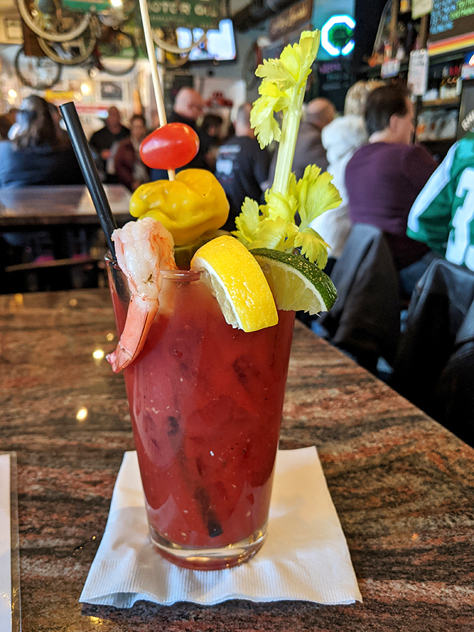 This Bloody Mary isn't just a drink &ndash; it's practically a meal unto itself, garnished with enough vegetables and garnishes to count as a serving of produce.
