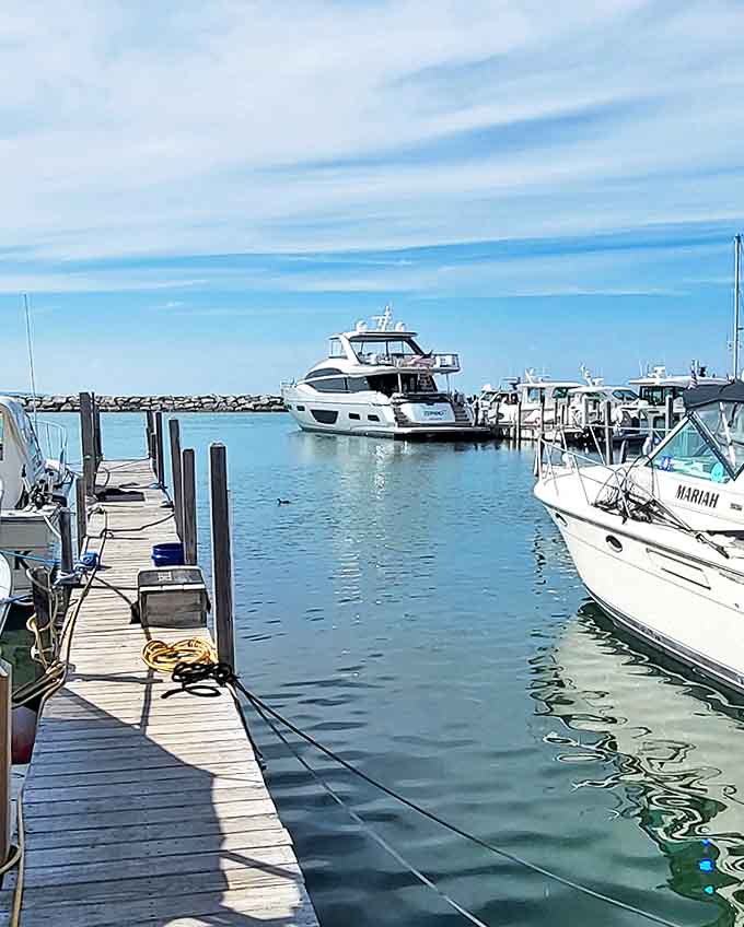 Marina tranquility where boats bob gently, their owners temporarily trading landlocked responsibilities for the freedom of open water and endless horizons.