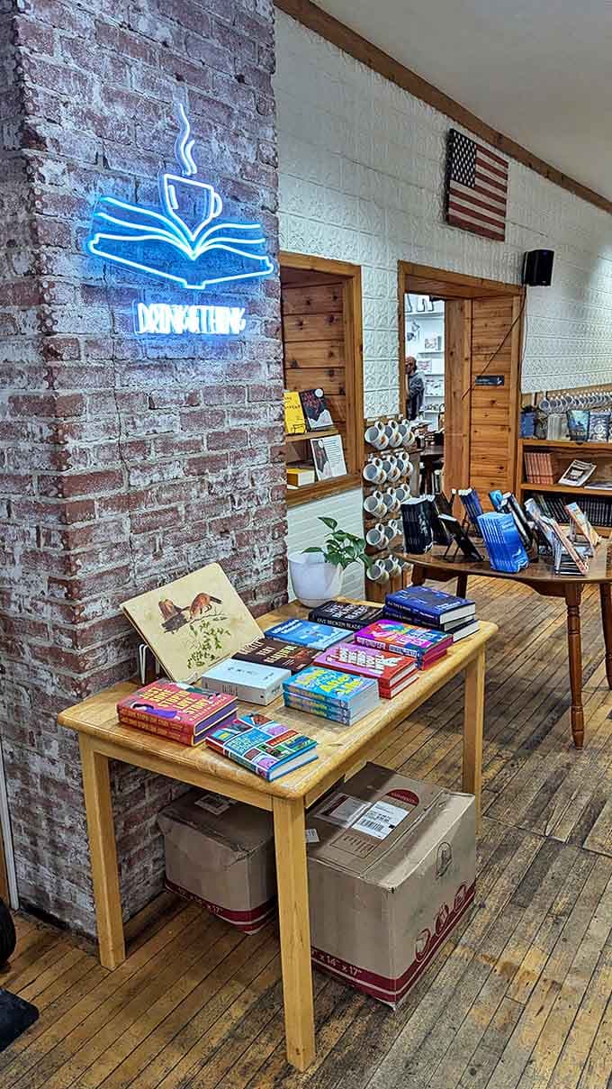 Books: A neon "Drink & Think" sign illuminates what might be the perfect human activity pairing since peanut butter met jelly.