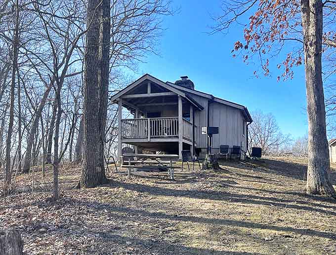 Rustic comfort awaits in Lake Hope's cabins, where modern amenities meet woodland charm for the perfect nature retreat with actual beds.