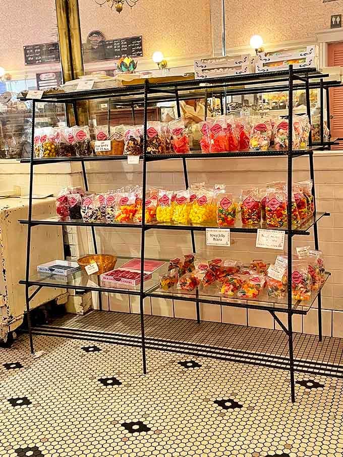 Colorful candy bags line the shelves like edible jewels, promising flavors that transport you straight back to childhood wonder.