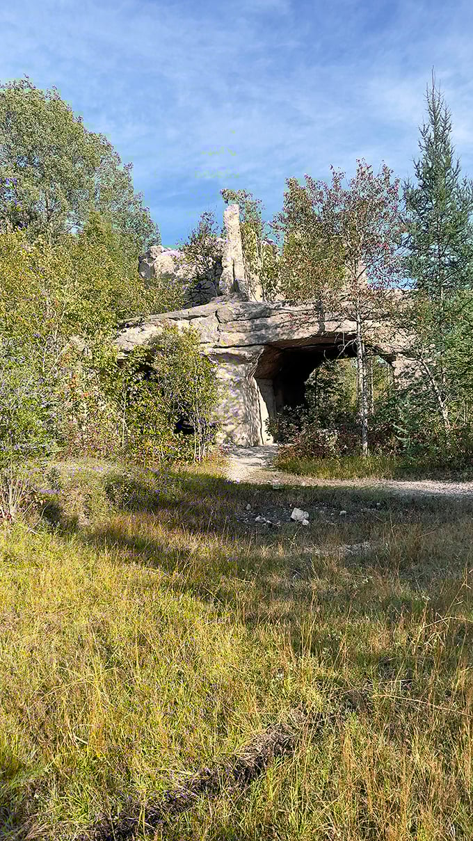 Nature's archway: This impressive limestone formation creates a perfect frame for the forest beyond, like a doorway to another world.