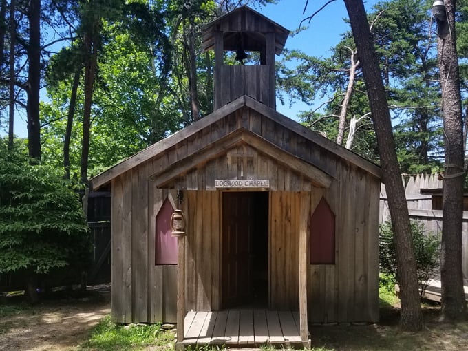 The Dogwood Chapel offers a quiet moment of reflection amid the bustle of frontier town life.