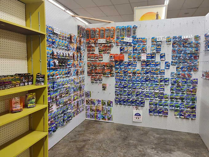 Die-cast car collectors, prepare to lose several hours to this wall of miniature automotive nostalgia in its original packaging glory.