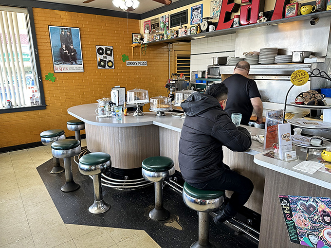 Counter culture at its finest &ndash; classic diner stools invite solo diners to perch where they can watch breakfast theater unfold in real time.
