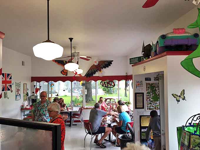 A bustling dining room where strangers become friends over shared tables and the universal language of "mmm, this is delicious!"