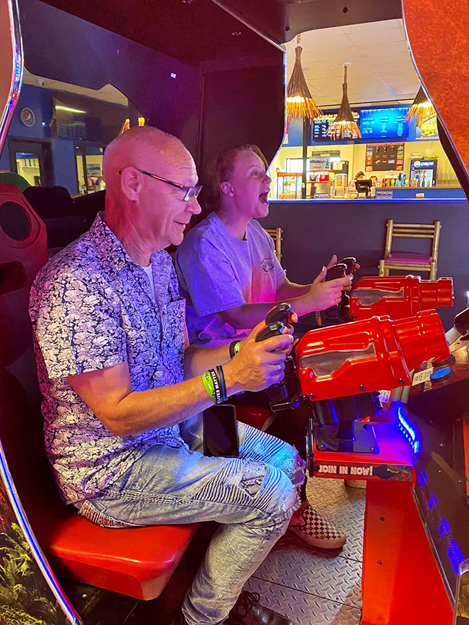 Competitive spirits know no age limits here, where friendly rivalries develop over arcade games that appeal to multiple generations.