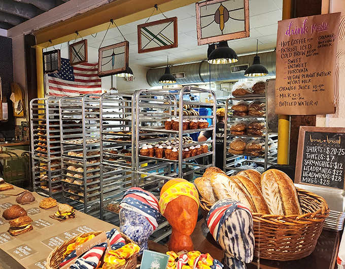 Freshly Baked Breads: A baker's bounty awaits eager customers, with racks of golden loaves promising sandwiches that won't be forgotten.