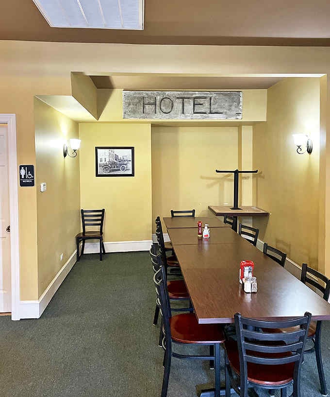 The "HOTEL" room offers private dining with vintage charm. History preserved with a side of pancakes, please!