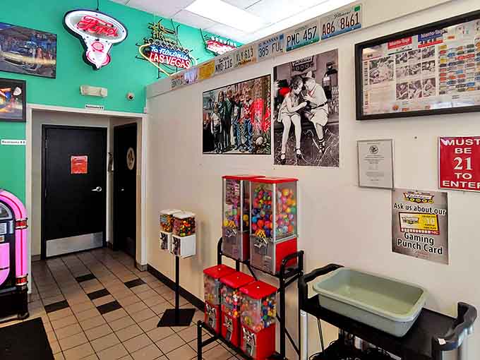 Gumball machines stand at attention, colorful sentinels guarding childhood joy that costs just a quarter to unlock.