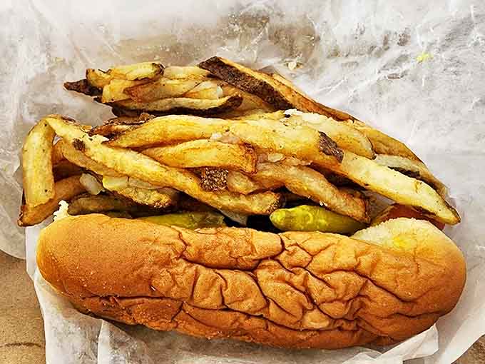 A hot dog and fries combo that looks like it was assembled by someone who truly understands that rules are meant to be deliciously broken.