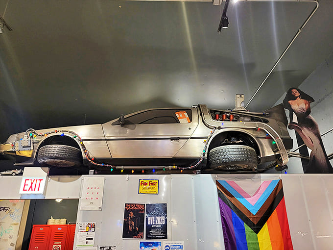 Great Scott! The iconic DeLorean time machine suspended from the ceiling serves as the ultimate conversation piece in this nostalgia-fueled coffee haven.